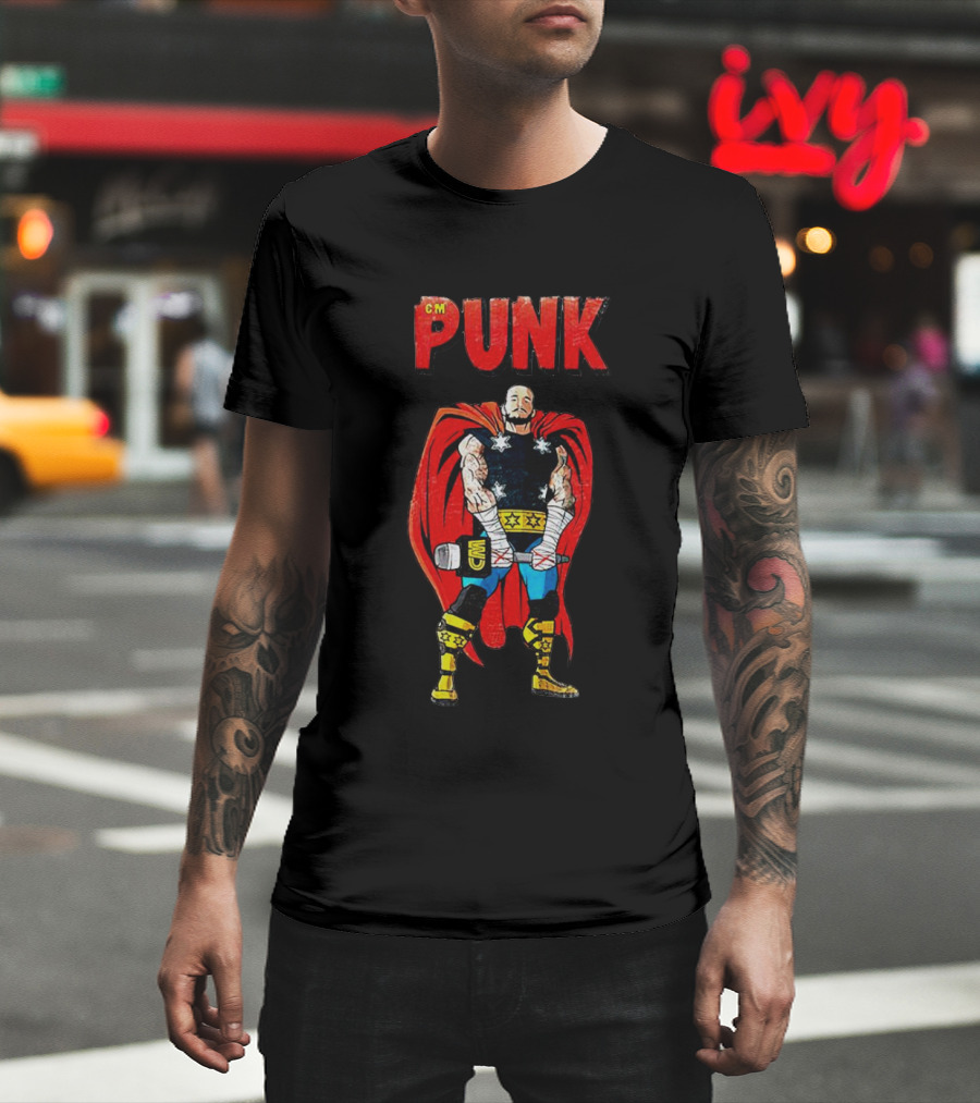 CM Punk Superhero Cape And Thunder Hammer Pose T-Shirt