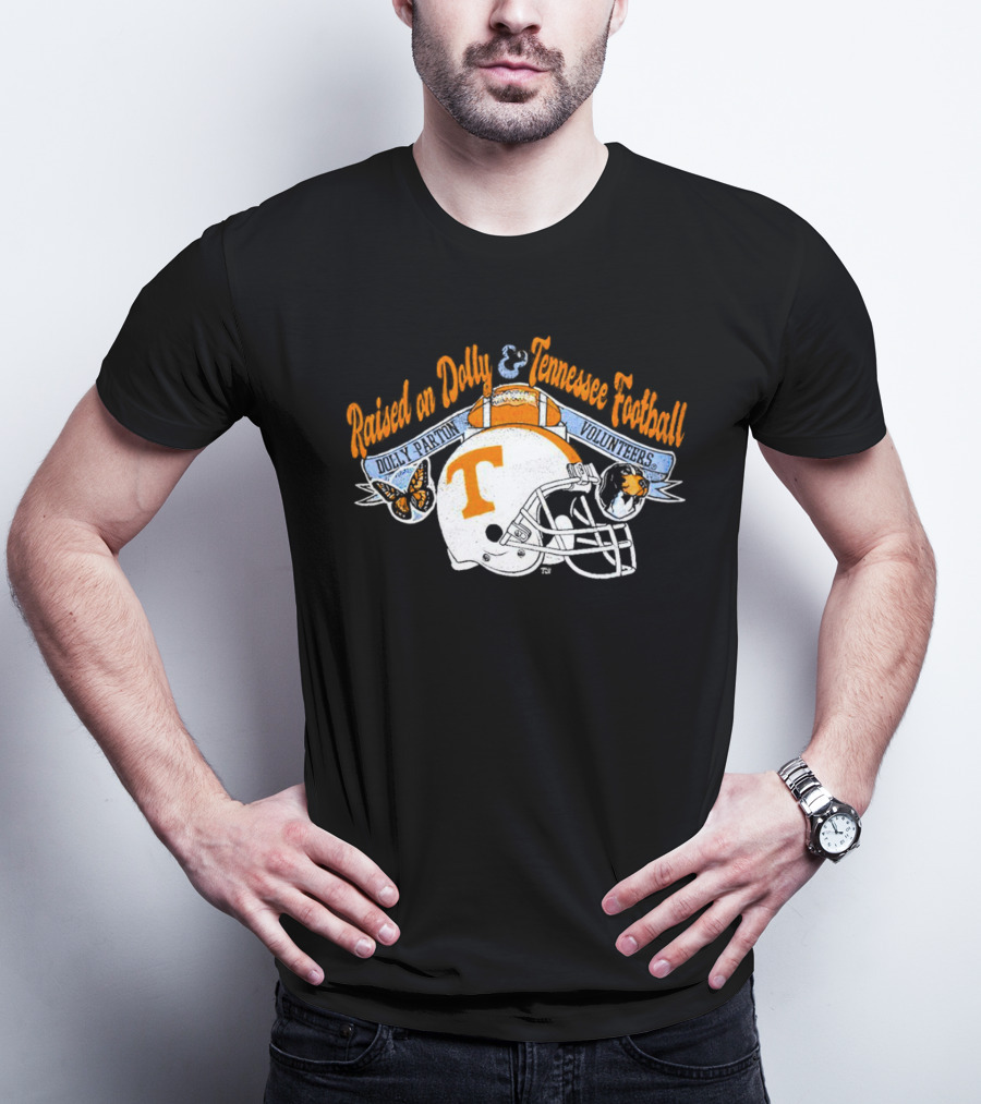 Raised On Dolly Parton And Tennessee Volunteers Football Helmet Butterfly Dog T-Shirt