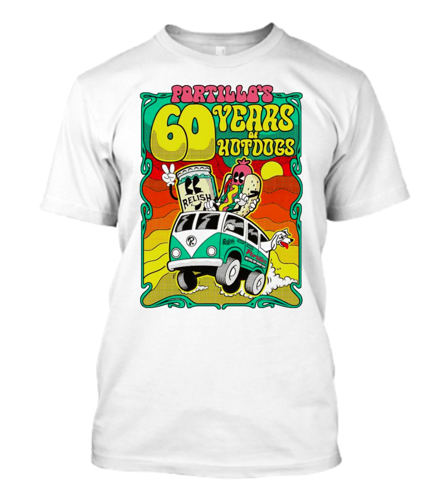 Portillo’s 60 Years Of Hotdogs Relish Relish Road Trip Cartoon Van Adventure T-Shirt