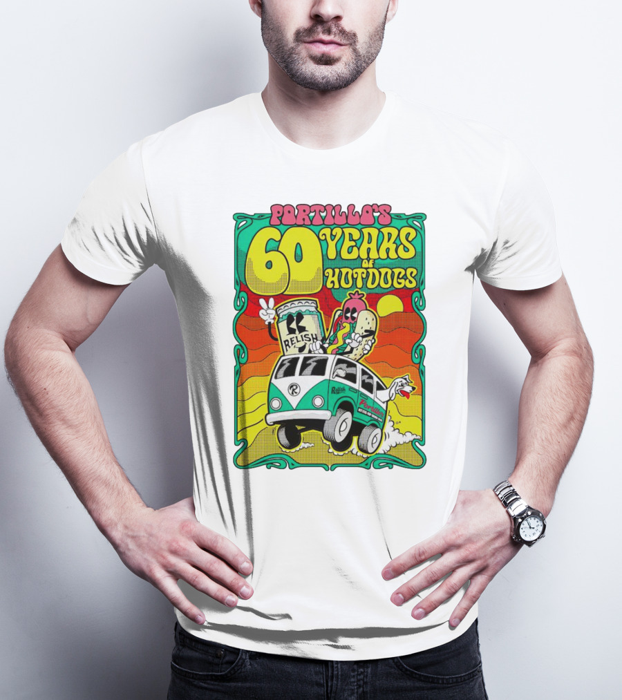 Portillo’s 60 Years Of Hotdogs Relish Relish Road Trip Cartoon Van Adventure T-Shirt