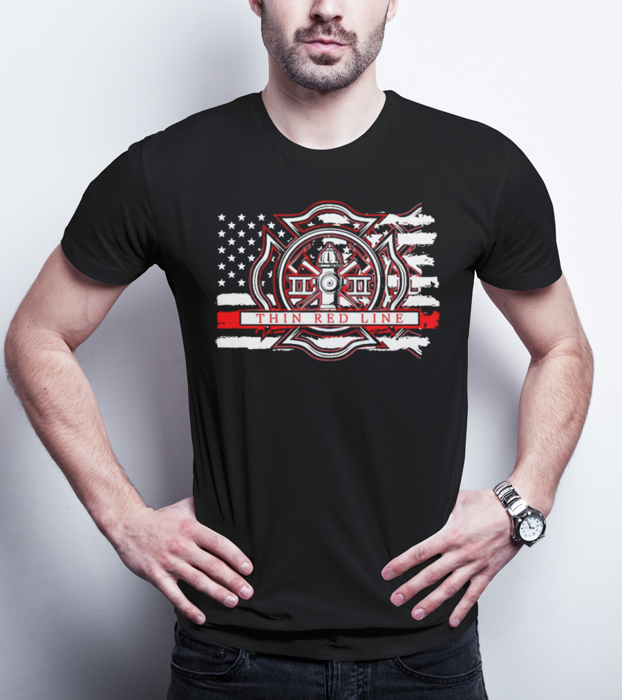 Thin Red Line USA Flag Firefighter Maltese Cross Hydrant T-Shirt