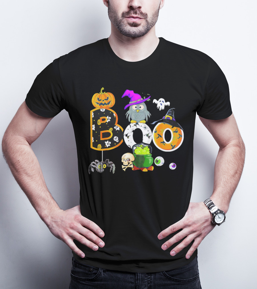 Boo Pumpkin Ghost Skull Owl Spider Witch Hat Cauldron Halloween T-Shirt