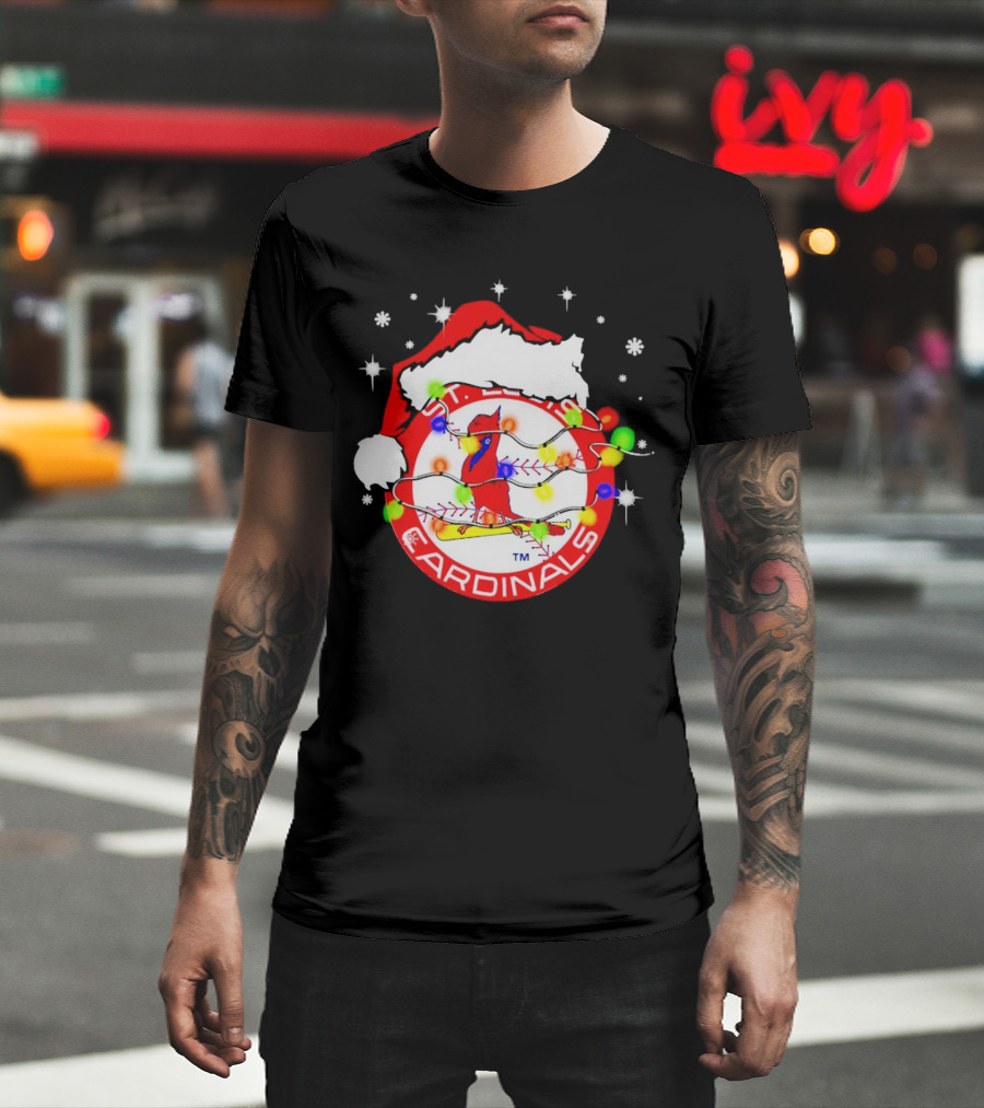 Santa Hat St. Louis Cardinals Christmas Lights Holiday T-Shirt