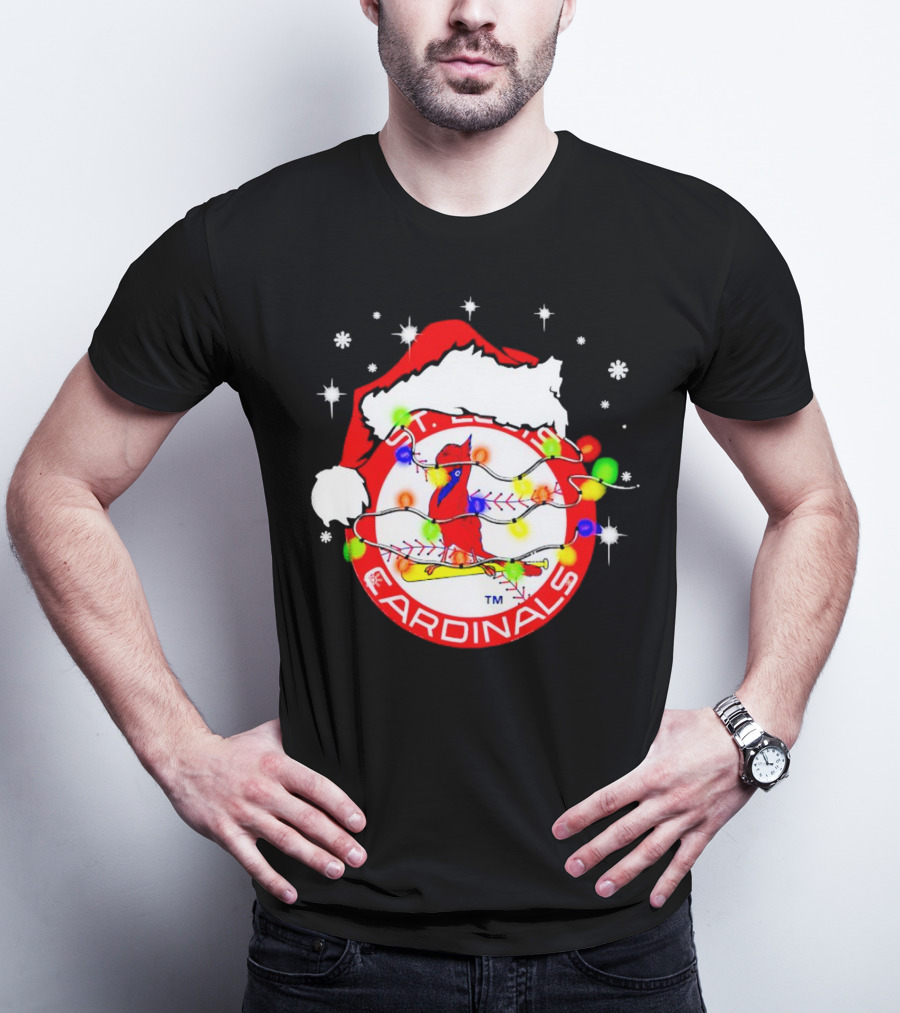 Santa Hat St. Louis Cardinals Christmas Lights Holiday T-Shirt