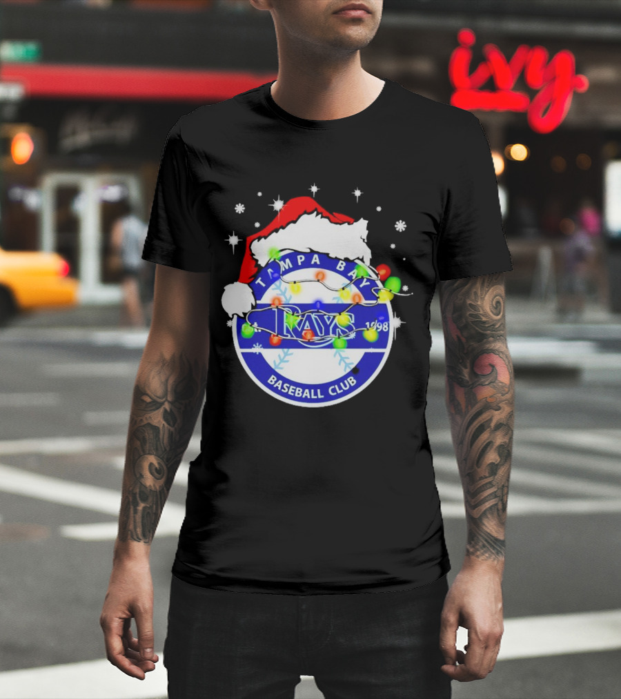 Tampa Bay Rays Baseball Club Santa Hat Christmas Lights T-Shirt