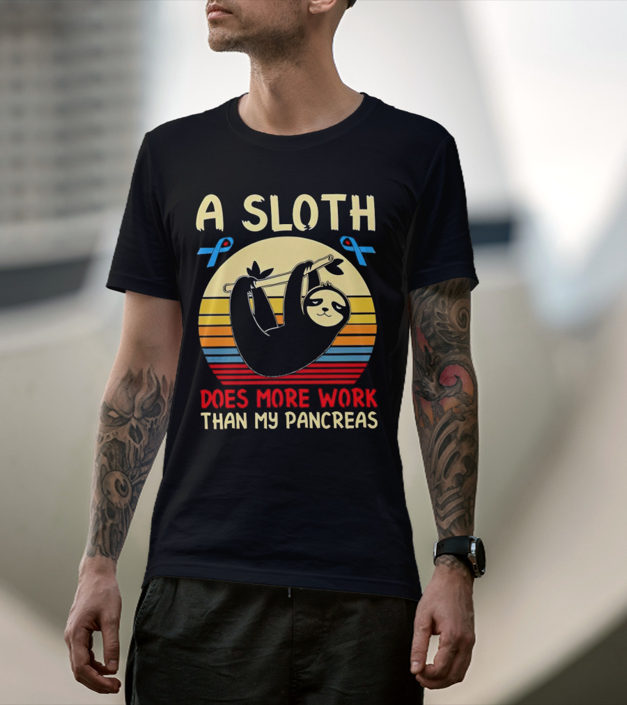 A Sloth Does More Work Than My Pancreas Vintage Style With Blue Diabetes Awareness Ribbons T-Shirt