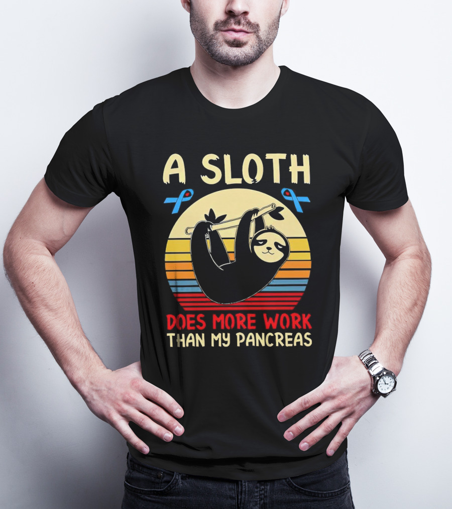 A Sloth Does More Work Than My Pancreas Vintage Style With Blue Diabetes Awareness Ribbons T-Shirt
