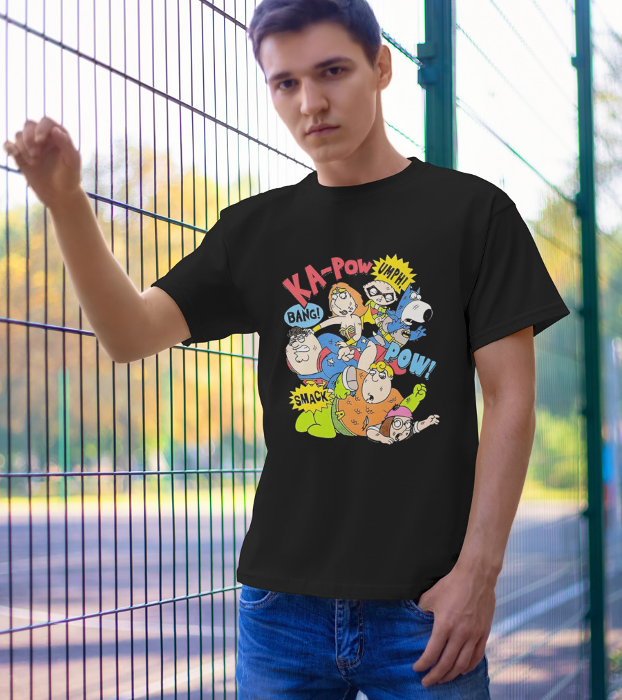 Family Guy Superhero Stewie Brian Peter Lois Chris Meg Ka-Pow Bam Pow Smack Bang T-Shirt