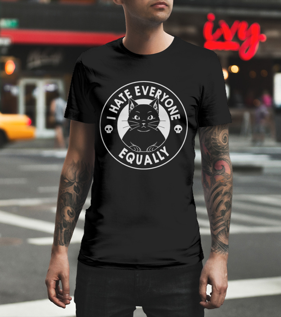 I Hate Everyone Equally Black Cat Illustration With Skulls T-Shirt