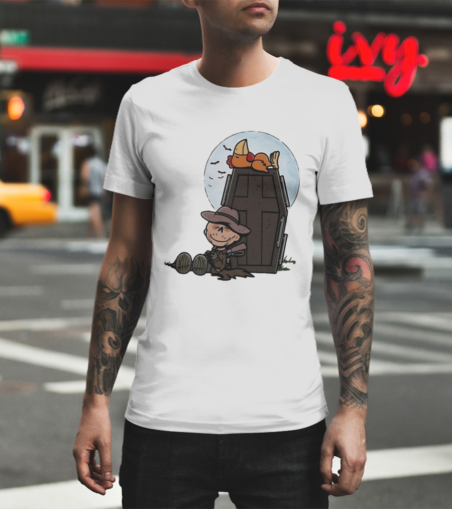 Ghoul And A Chicken From Fallout Peanuts Style Sitting By Coffin Under Moon With Bats T-Shirt