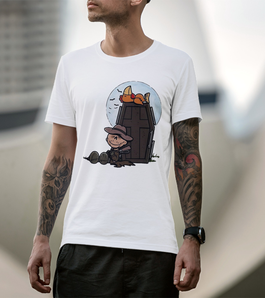 Ghoul And A Chicken From Fallout Peanuts Style Sitting By Coffin Under Moon With Bats T-Shirt