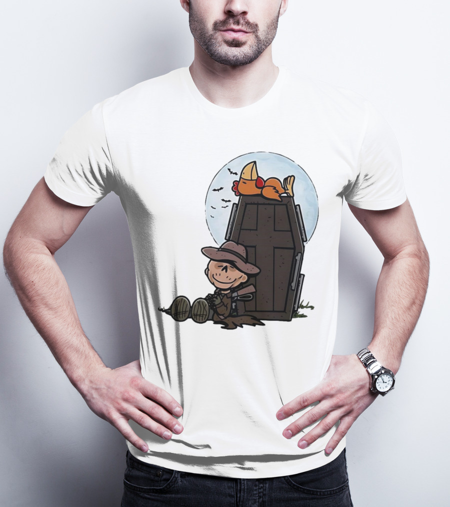 Ghoul And A Chicken From Fallout Peanuts Style Sitting By Coffin Under Moon With Bats T-Shirt