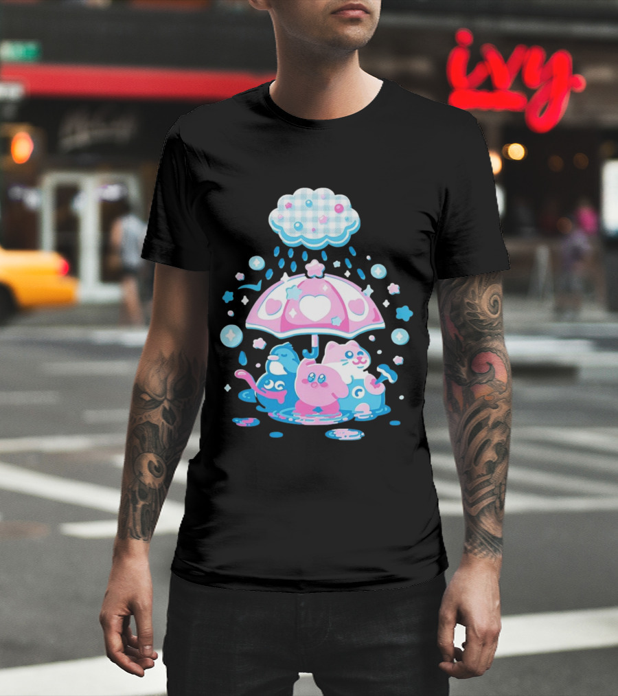 Kirby Gooey And Rick Under Heart Umbrella With Stars And Raindrops T-Shirt