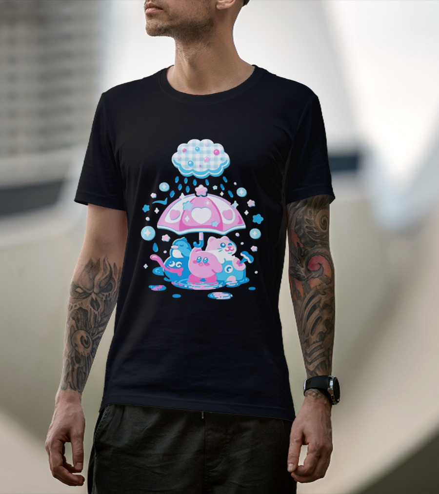 Kirby Gooey And Rick Under Heart Umbrella With Stars And Raindrops T-Shirt