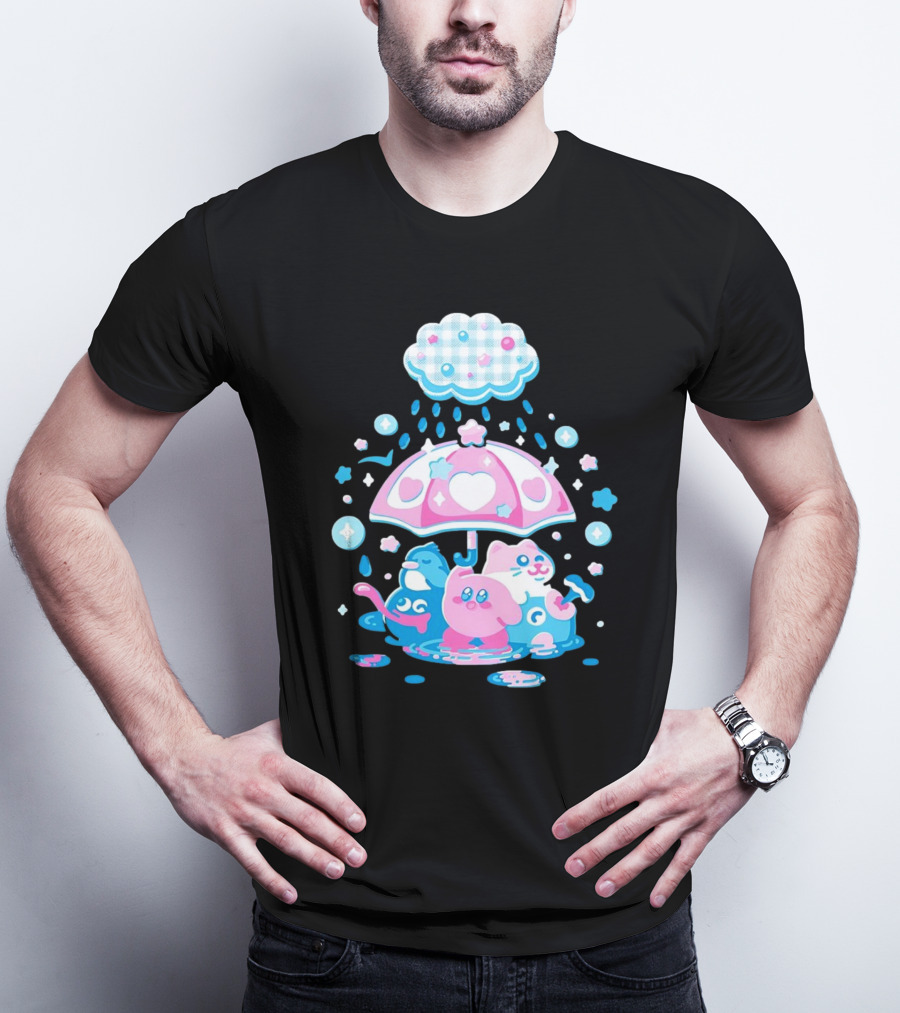 Kirby Gooey And Rick Under Heart Umbrella With Stars And Raindrops T-Shirt