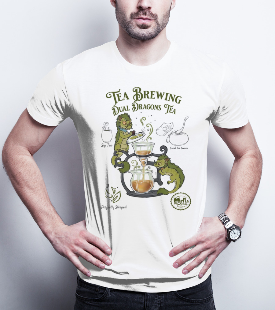 Tea Brewing Dual Dragons Sip Tea Perfectly Steeped Leaf And Kettle T-Shirt