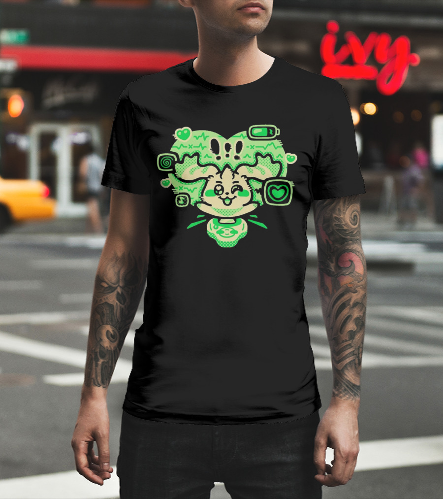 Terriermon Digimon Iconic Green Heartbeat Motif With Digital Symbols T-Shirt
