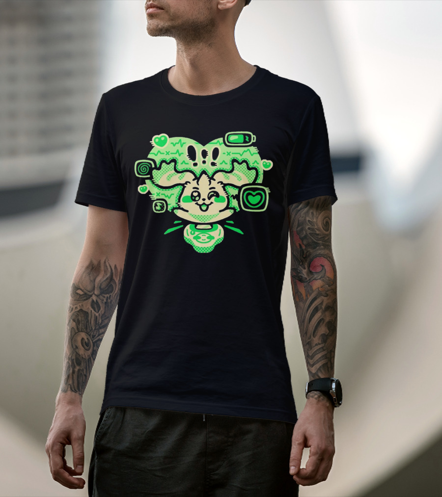 Terriermon Digimon Iconic Green Heartbeat Motif With Digital Symbols T-Shirt