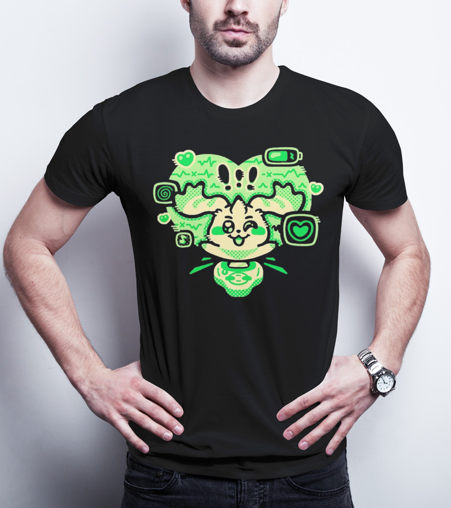 Terriermon Digimon Iconic Green Heartbeat Motif With Digital Symbols T-Shirt