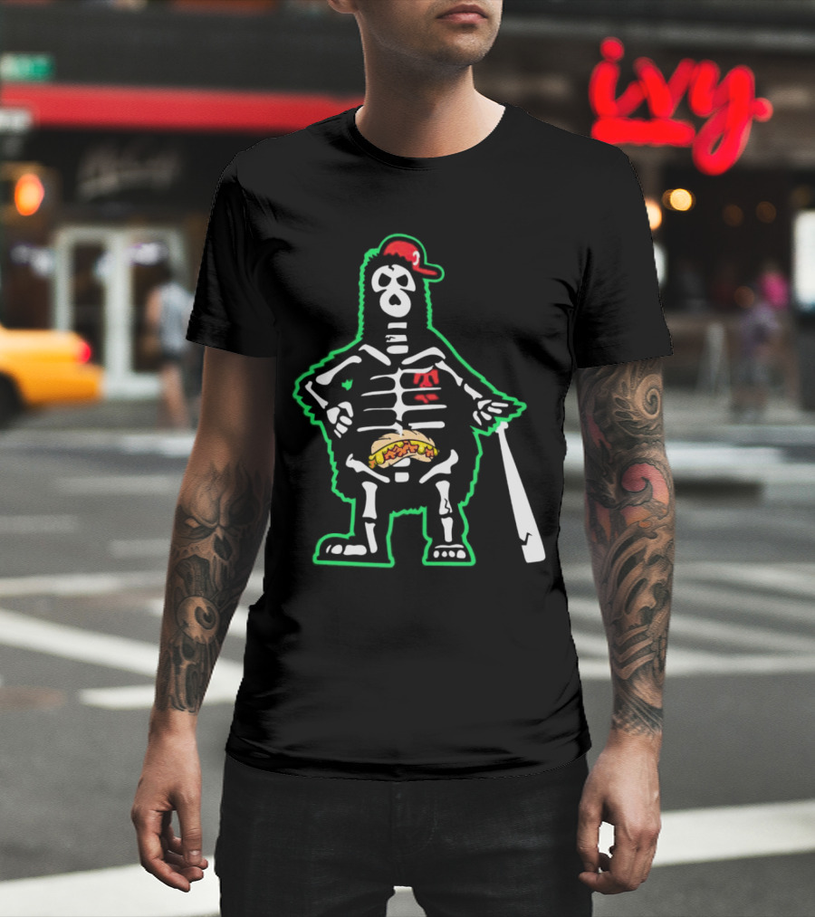 Phillie Phanatic Skeleton With Baseball Bat And Hot Dog Belly T-Shirt