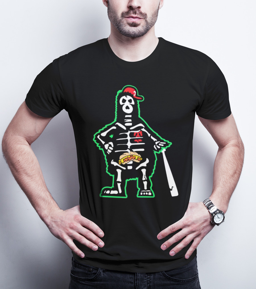 Phillie Phanatic Skeleton With Baseball Bat And Hot Dog Belly T-Shirt