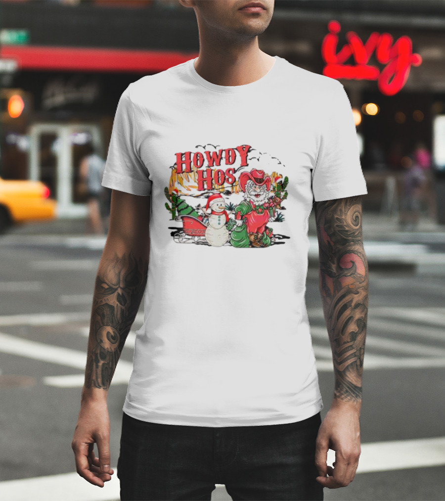 Howdy Hos Santa Snowman Sled Cowboy Christmas Scene T-Shirt