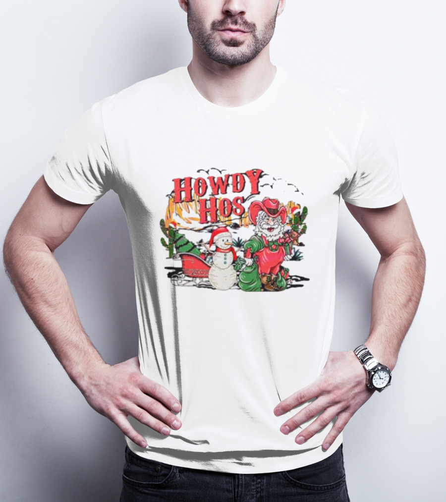 Howdy Hos Santa Snowman Sled Cowboy Christmas Scene T-Shirt