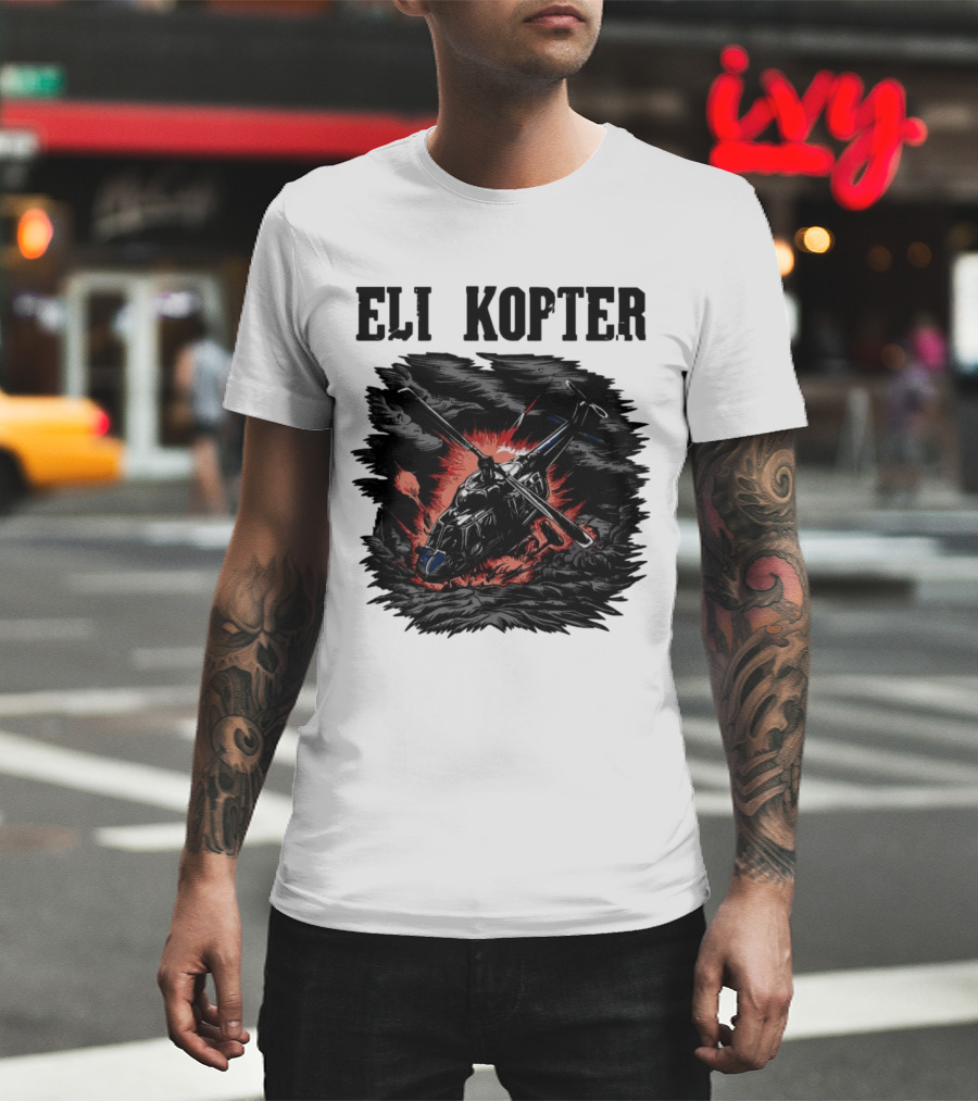 Eli Kopter Helicopter In Stormy Sky With Red Explosion T-Shirt