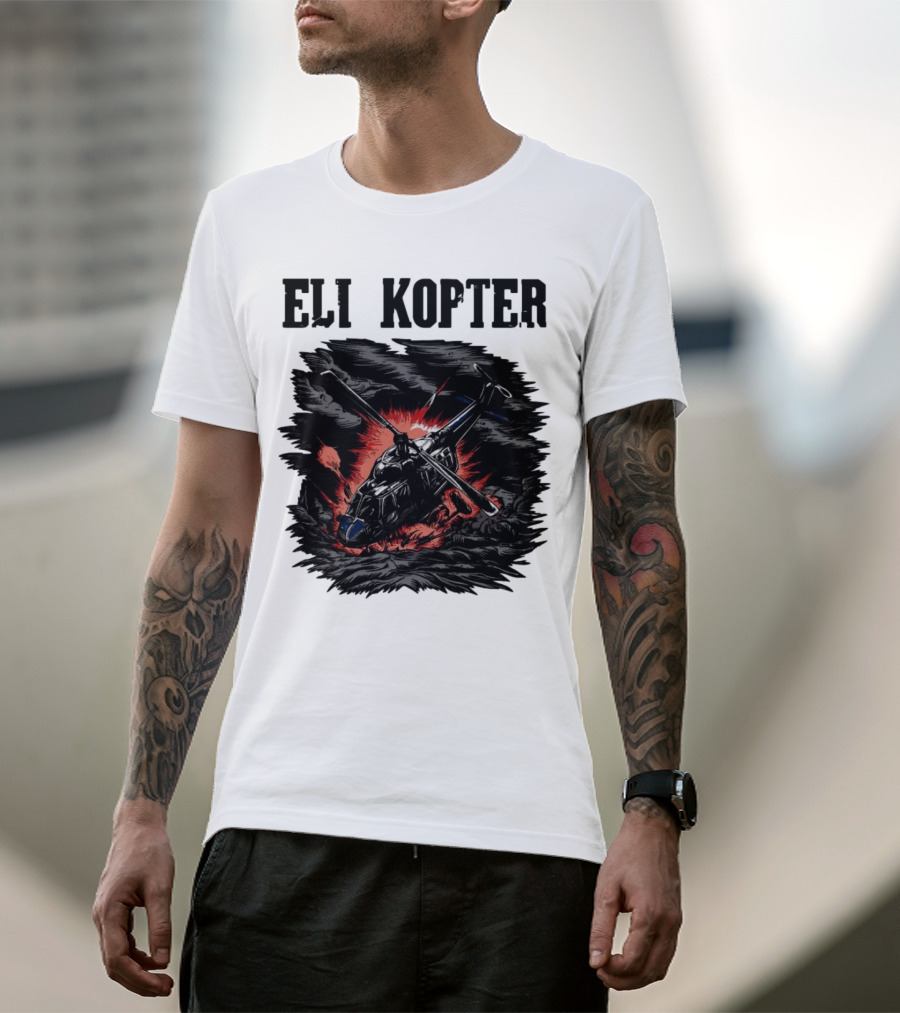Eli Kopter Helicopter In Stormy Sky With Red Explosion T-Shirt