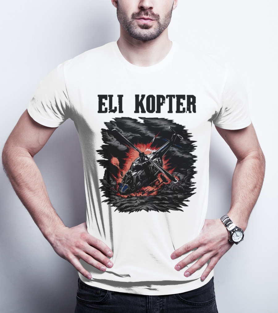 Eli Kopter Helicopter In Stormy Sky With Red Explosion T-Shirt