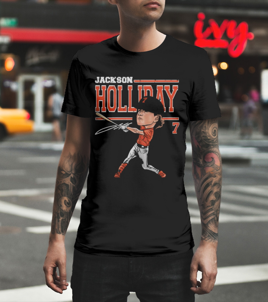 Jackson Holliday Baltimore Orioles Cartoon Batting Stance Number 7 T-Shirt