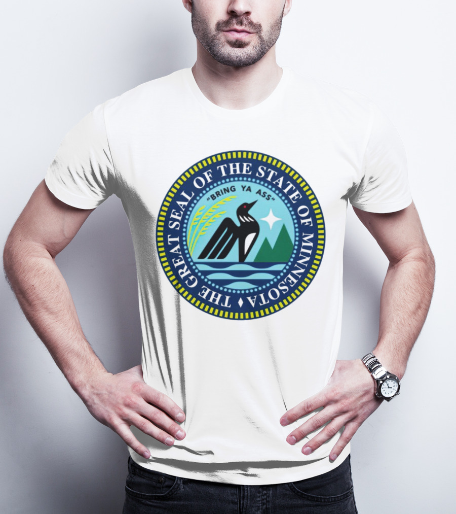 The Great Seal Of The State Of Minnesota Bring Ya Ass Black Bird Mountains Waves Star T-Shirt