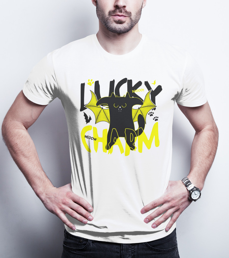 Lucky Charm Booo Meoow Bat Cat Halloween Paws T-Shirt