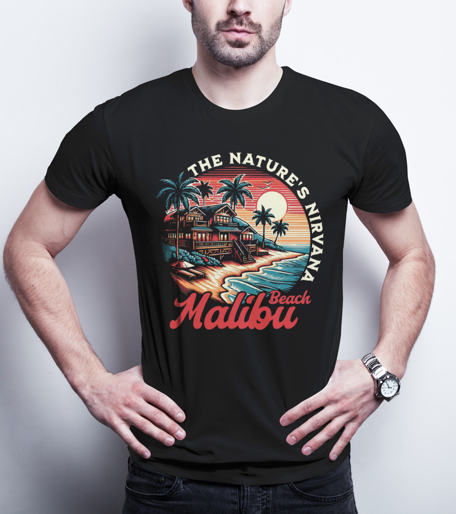 The Nature's Nirvana Malibu Beach Retro Sunset Scene T-Shirt
