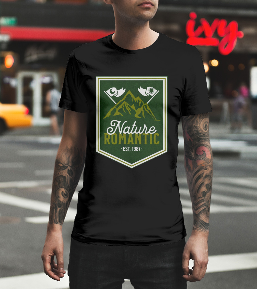 Nature Romantic Est. 1987 Mountain Adventure Sun Moon Flags T-Shirt