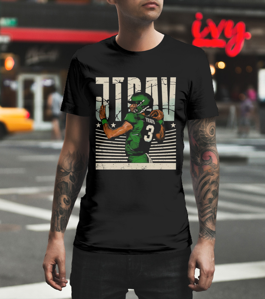 Jordan Travis New York Jets Football Cartoon Graphic Retro Style Football Jersey Number 3 T-Shirt