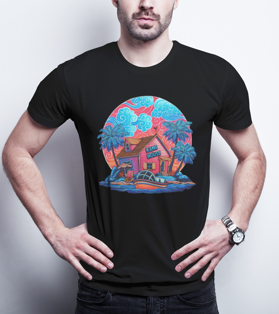 Kame House Vibrant Tropical Island Scene Dragon Ball T-Shirt