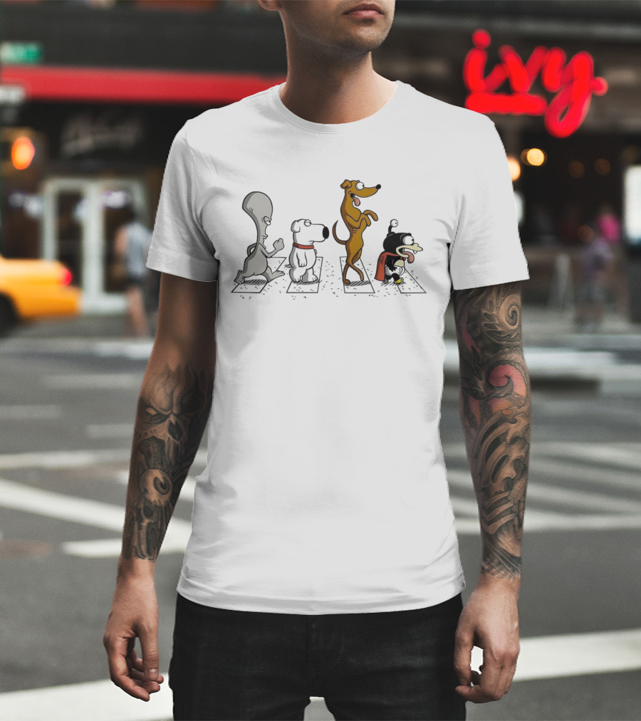 Roger Brian Santa’s Little Helper And Nibbler Walking Across Iconic Crosswalk T-Shirt