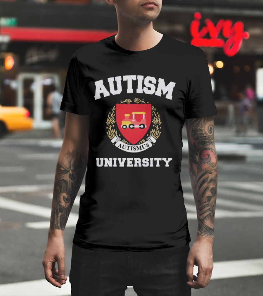 Autismus University Autism Joke Shield With Toy Car Crest T-Shirt