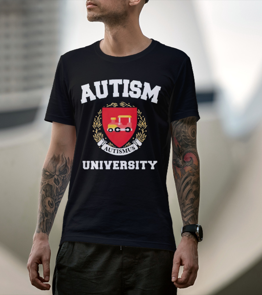 Autismus University Autism Joke Shield With Toy Car Crest T-Shirt