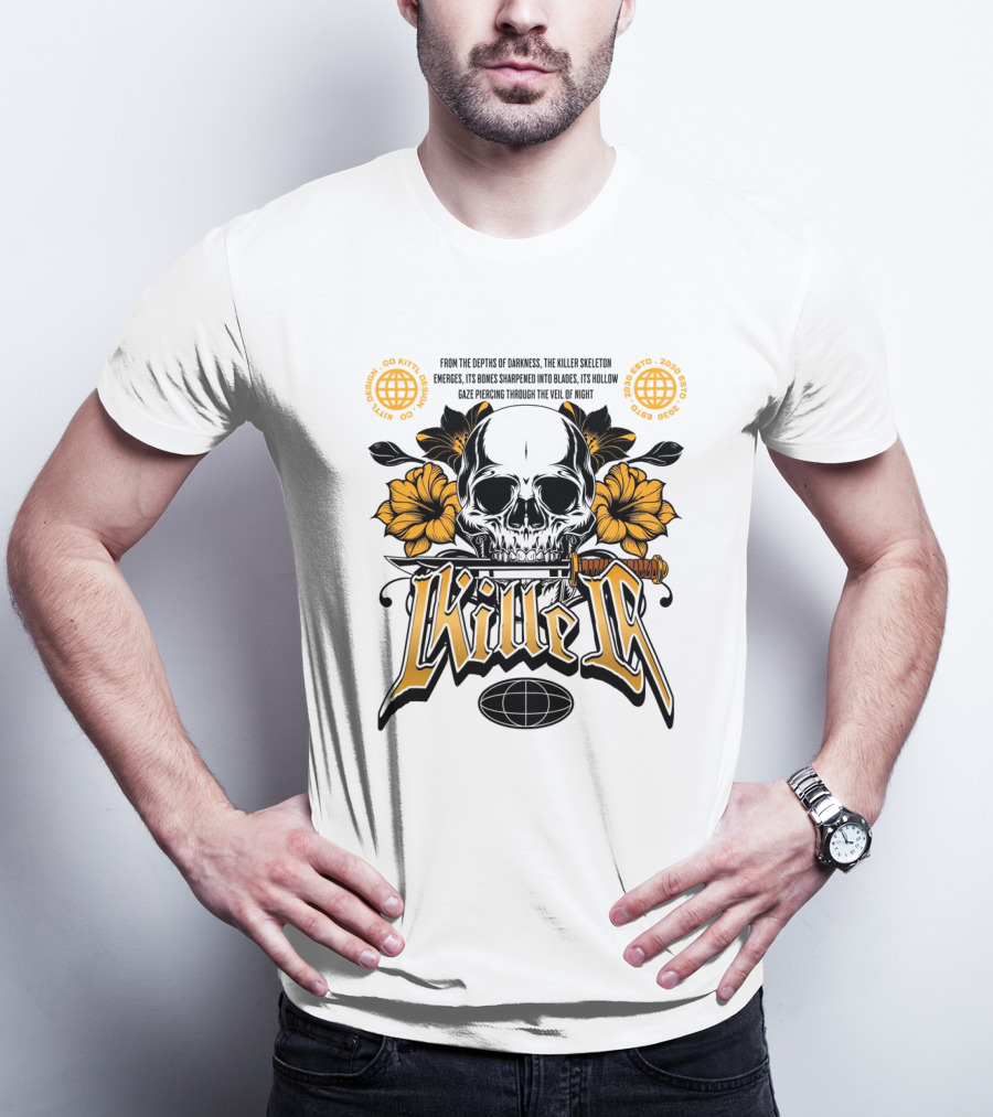 Killer Skeleton Dark Skull With Sword And Flowers T-Shirt