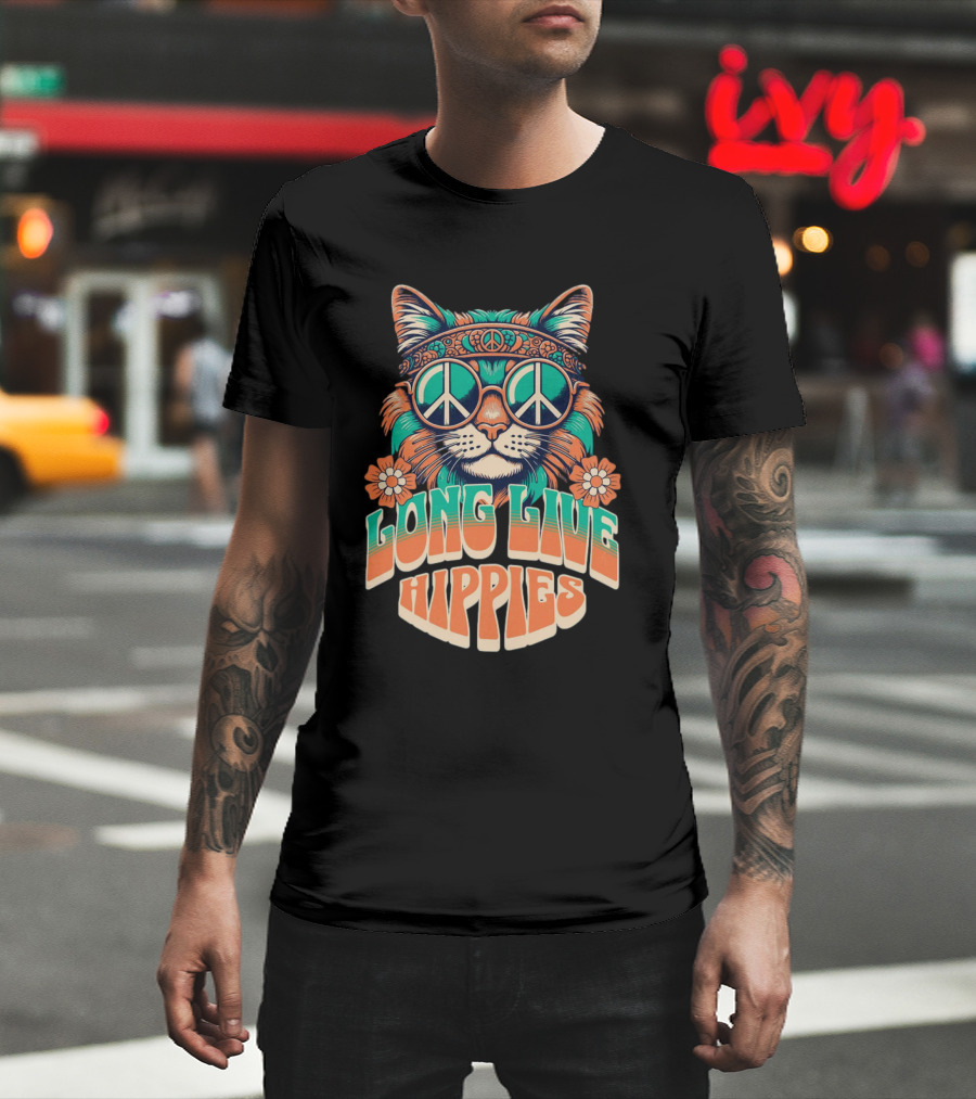 Long Live Hippies Cat With Peace Sign Glasses And Flowers T-Shirt