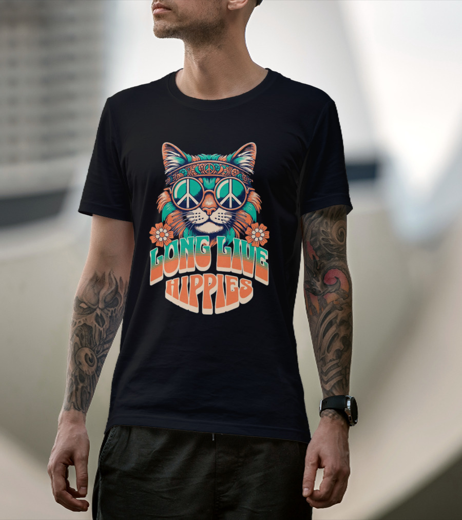 Long Live Hippies Cat With Peace Sign Glasses And Flowers T-Shirt
