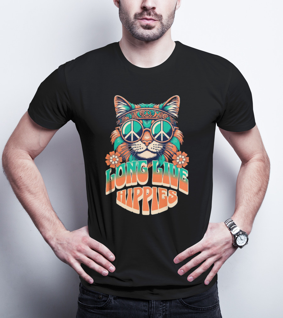 Long Live Hippies Cat With Peace Sign Glasses And Flowers T-Shirt