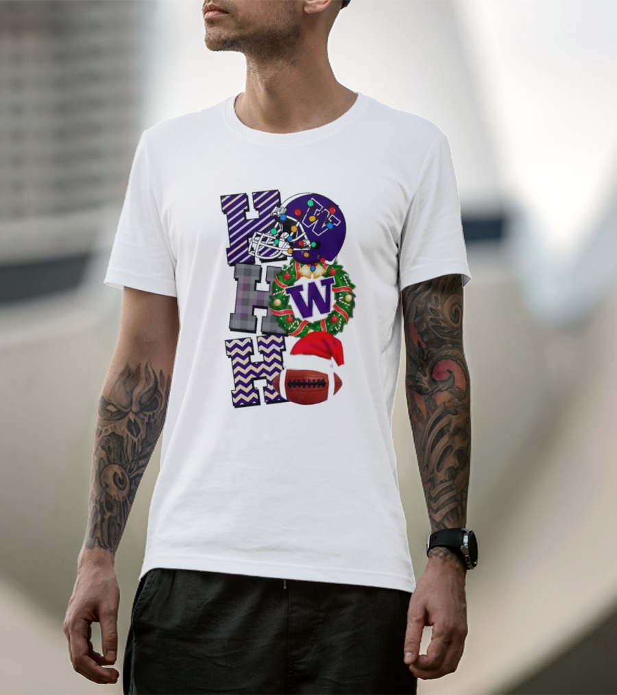 Washington Huskies Football Christmas Ho Ho Ho Helmet Wreath Ball T-Shirt