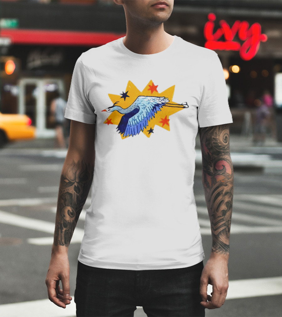 Grey Heron Flying Against Starry Yellow Burst T-Shirt