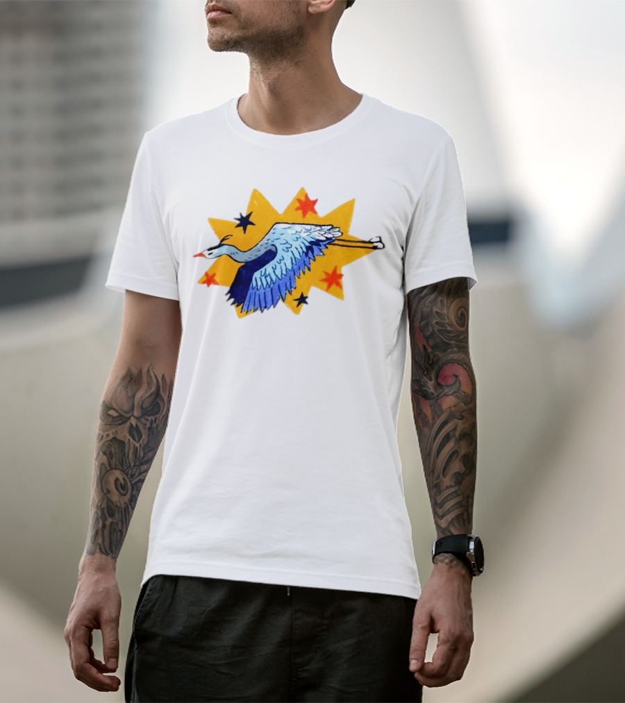 Grey Heron Flying Against Starry Yellow Burst T-Shirt