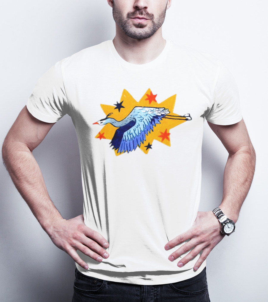 Grey Heron Flying Against Starry Yellow Burst T-Shirt