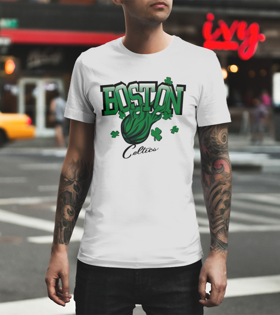 Boston Celtics Vintage Shamrock Basketball Flame T-Shirt
