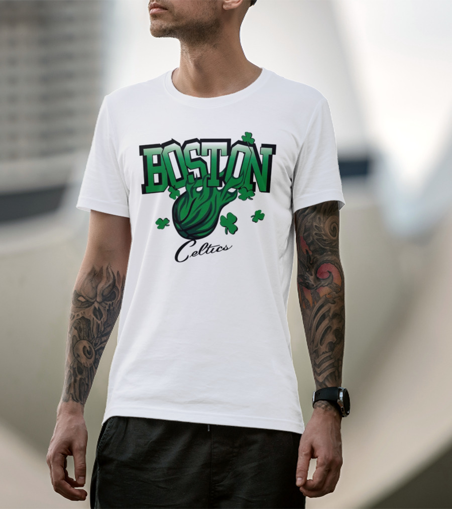 Boston Celtics Vintage Shamrock Basketball Flame T-Shirt